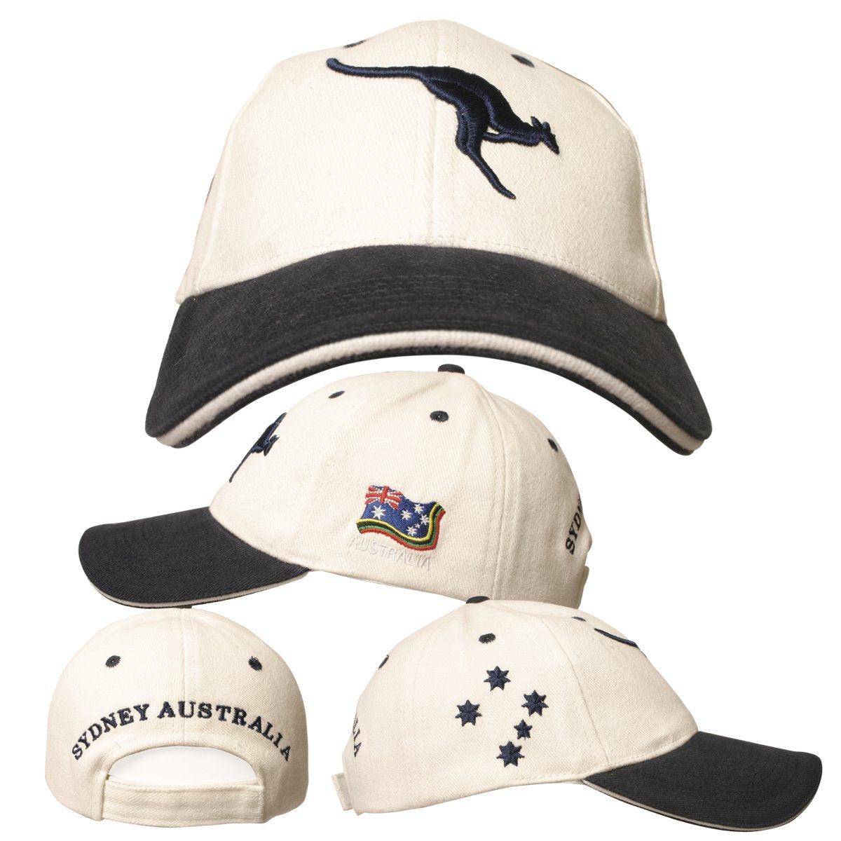 CAP BRUSH COTT NATURAL - NAVY 3D EMBROID SYDNEY ROO – VISIT Brands